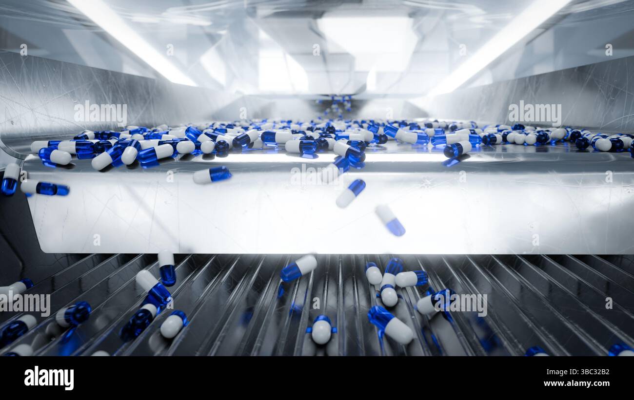 Pill capsules being aligned by a vibrating feeder machine system ...