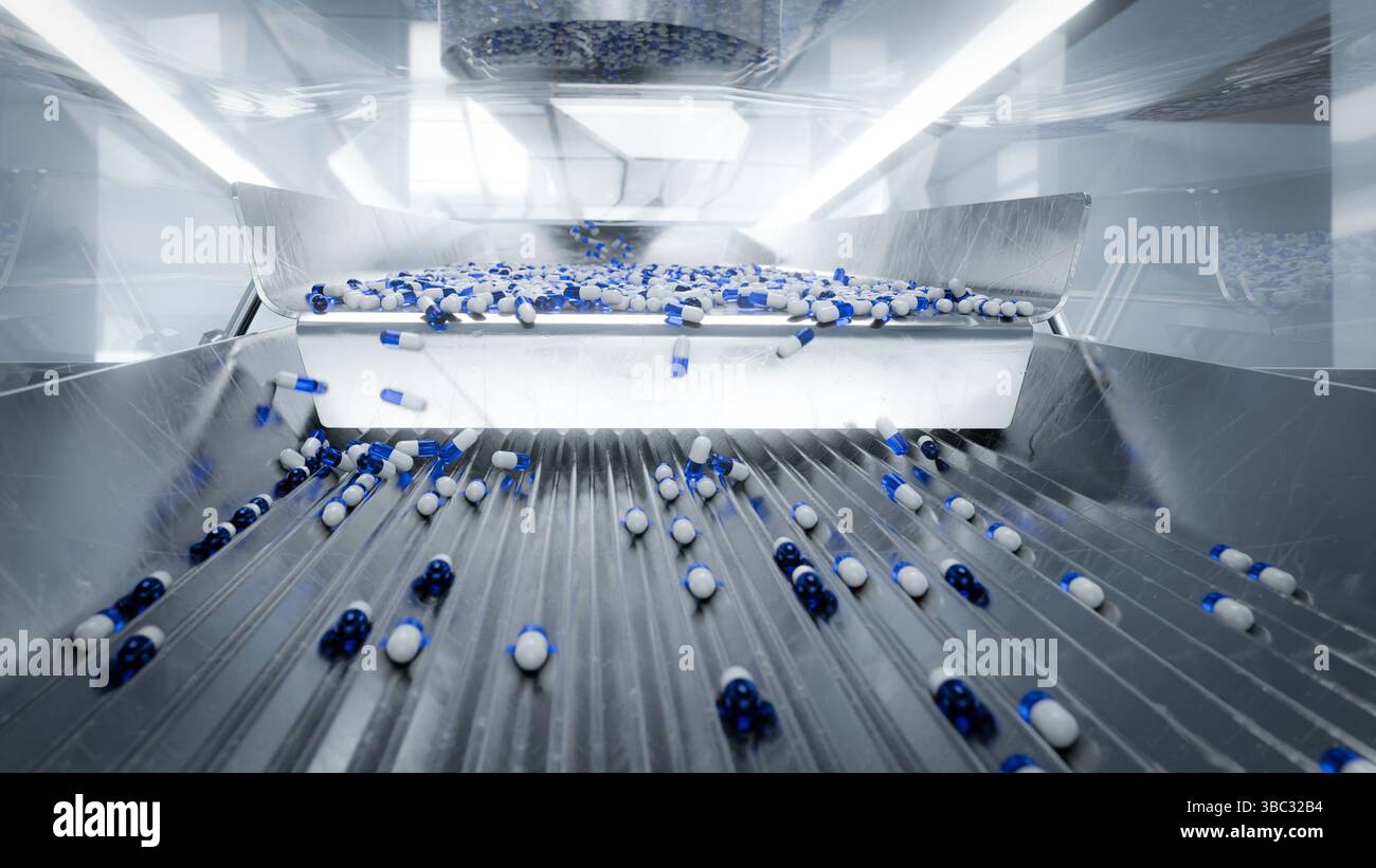 Pill capsules being aligned by a vibrating feeder machine system ...