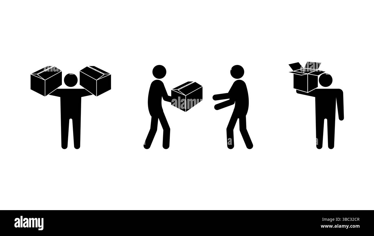 Set of stick figures, professional movers and parcel delivery, flat ...