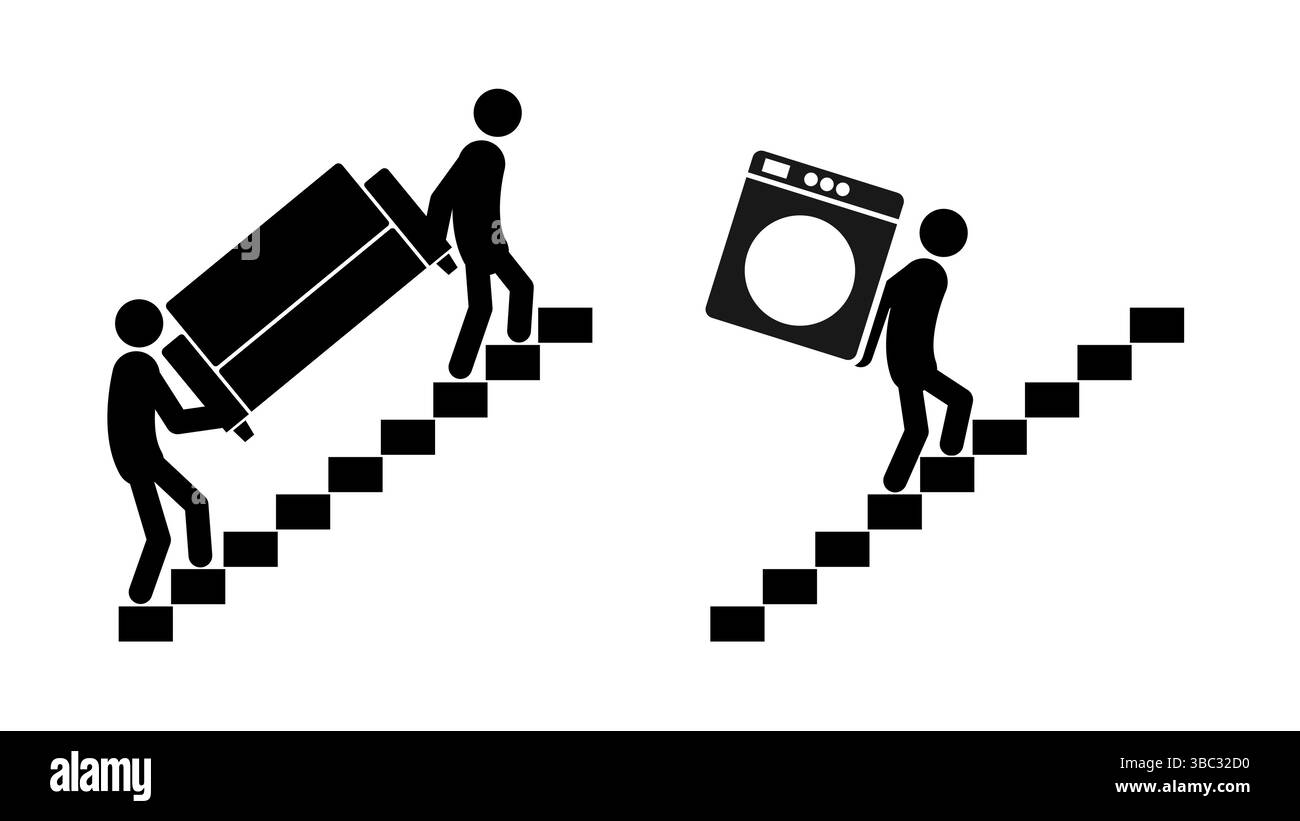Set of stick figures, professional movers and parcel delivery, flat ...