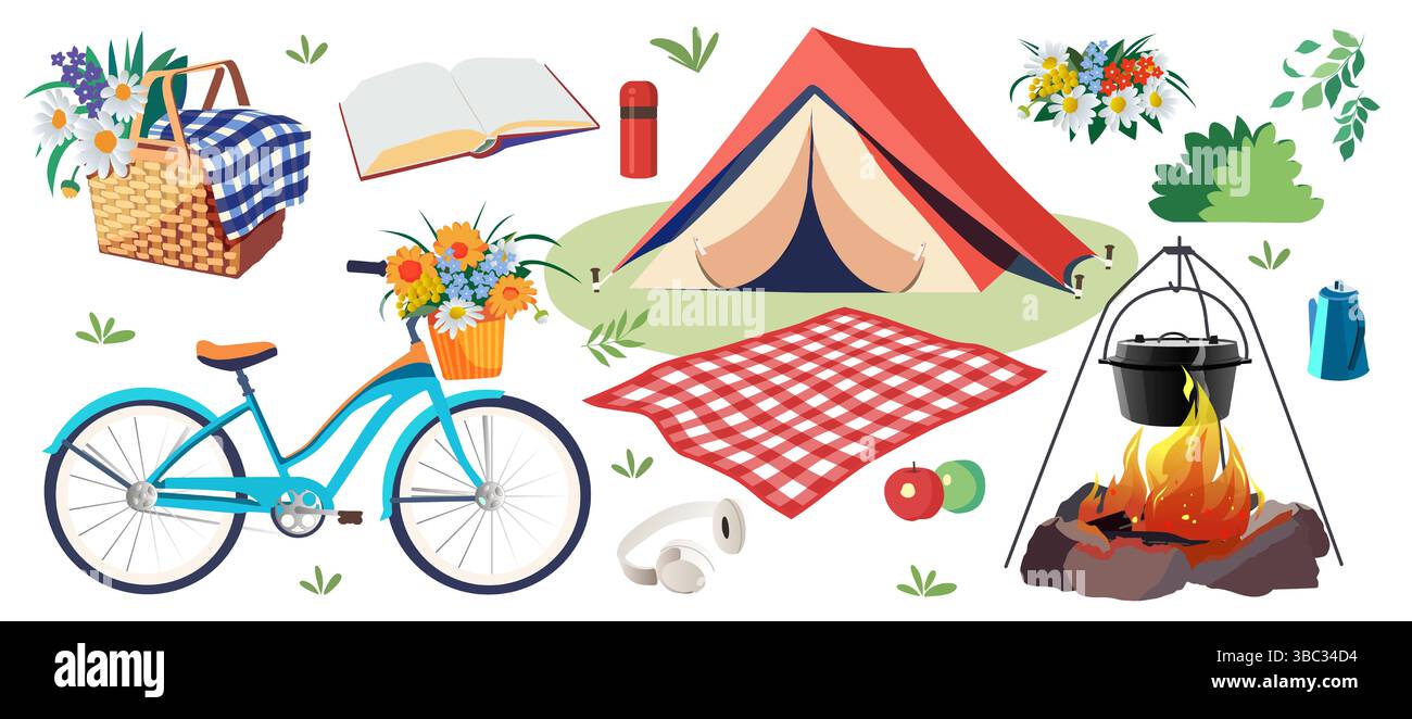 Outdoor camping setup includes tent, bicycle, and picnic supplies for a ...