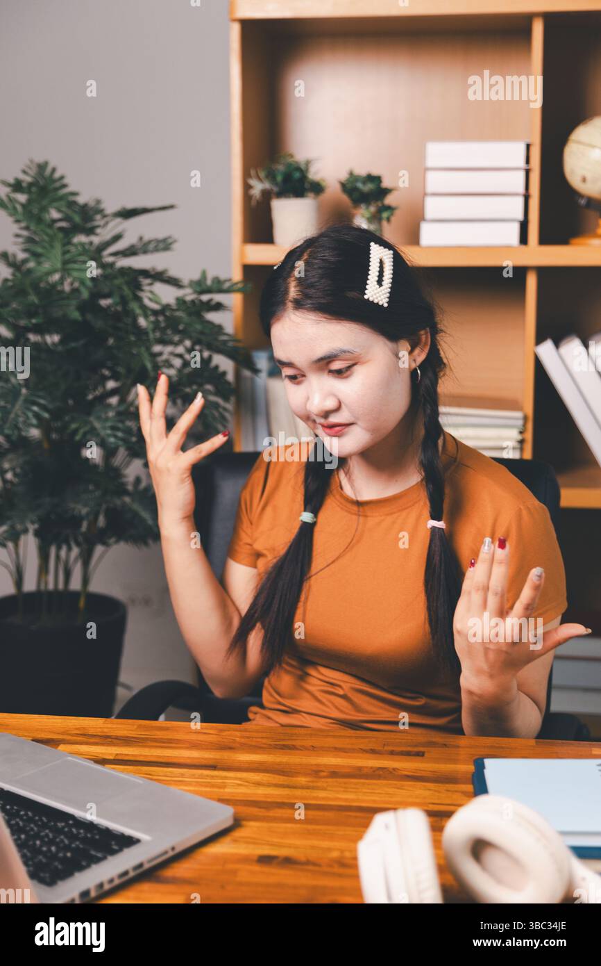 Homeschool Asian girl student learning virtual internet online class ...