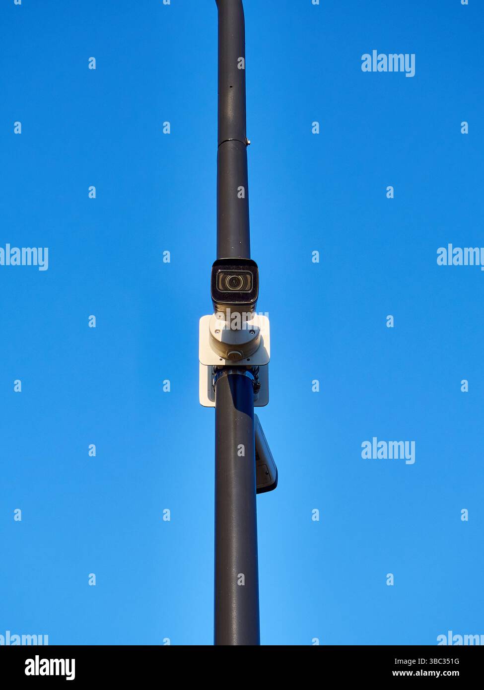 Modern Surveillance Camera on a Pole Against Clear Blue Sky Stock Photo ...