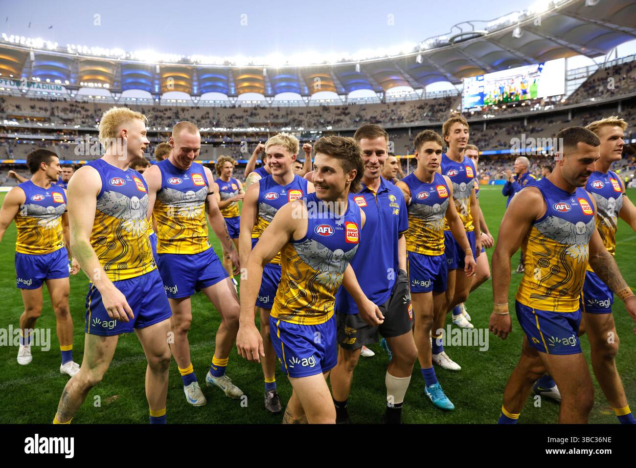Perth, Australia. 18th May, 2025. Eagles players leave the field after ...