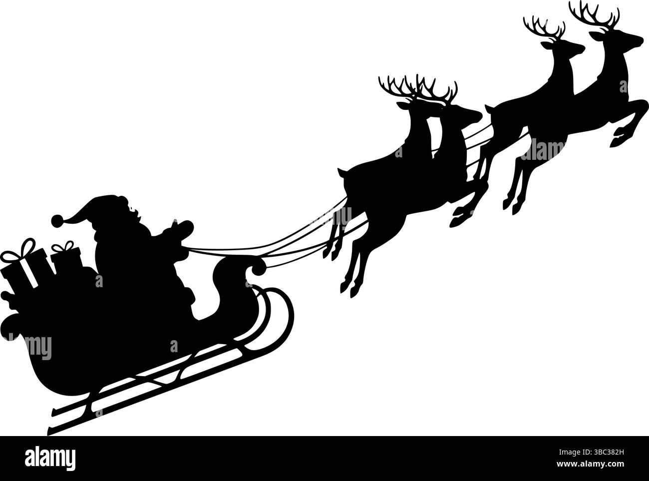 Santa Claus in a sleigh with reindeer pulling is depicted in a vector image. Santa's shadow in ...