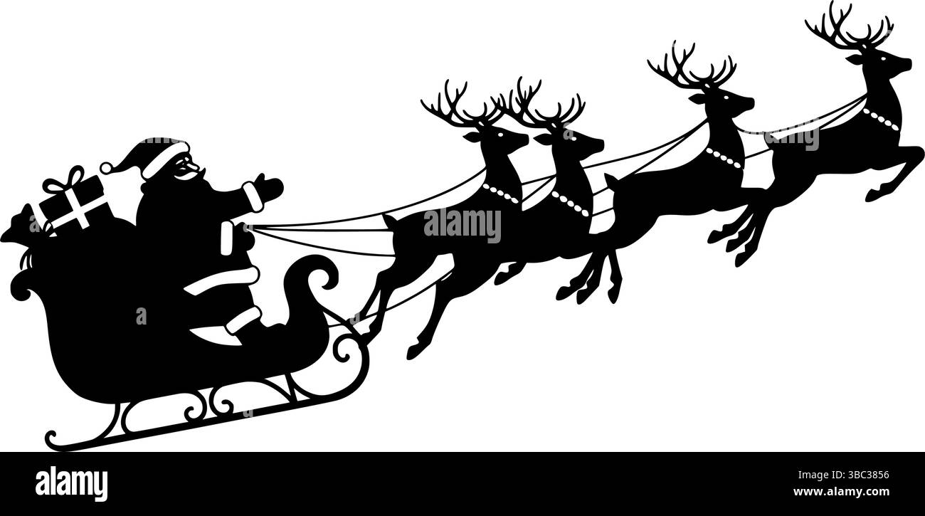 Santa Claus in a sleigh with reindeer pulling is depicted in a vector image. Santa's shadow in ...