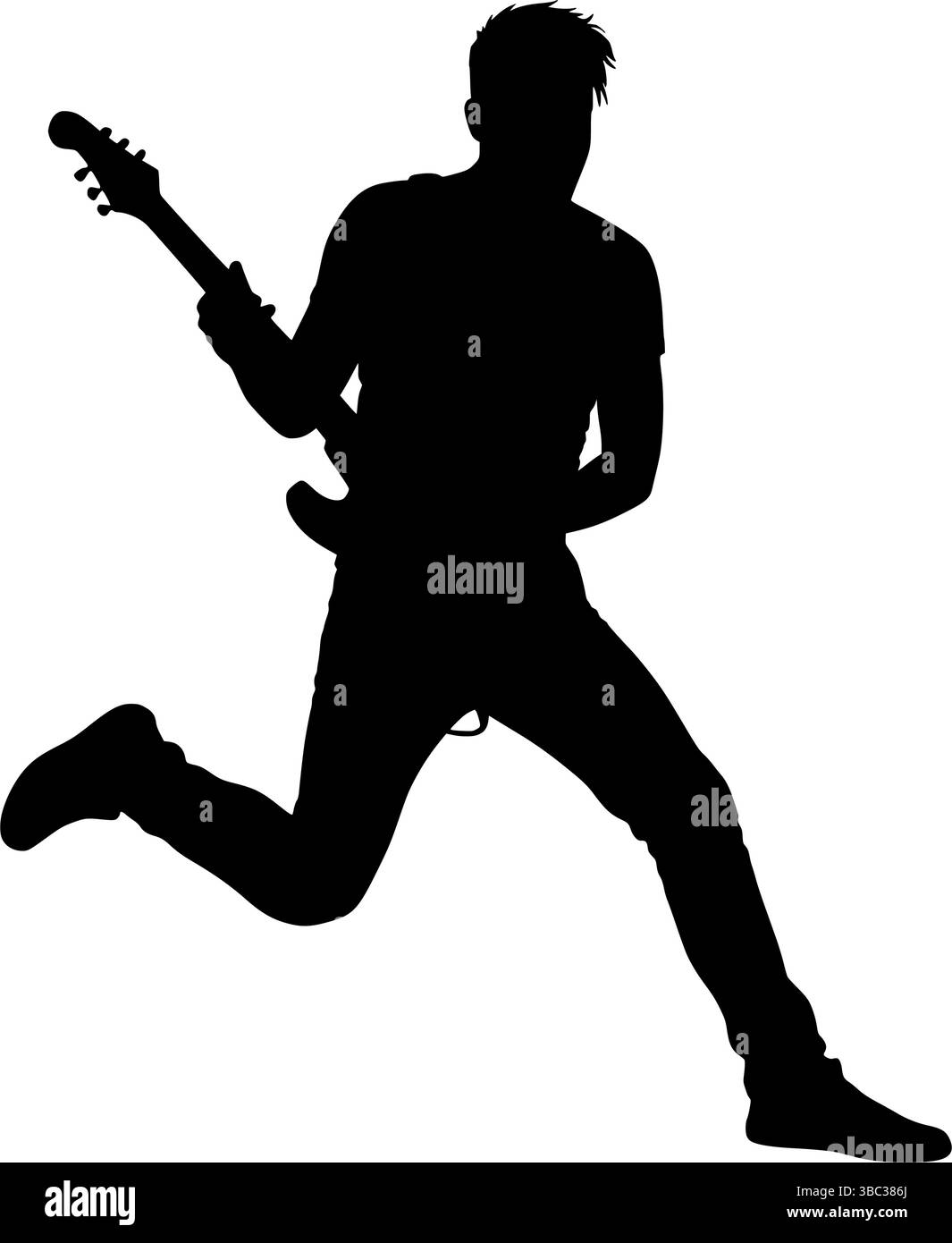 Energetic Guitarist Silhouette Jumping with Electric Guitar on ...