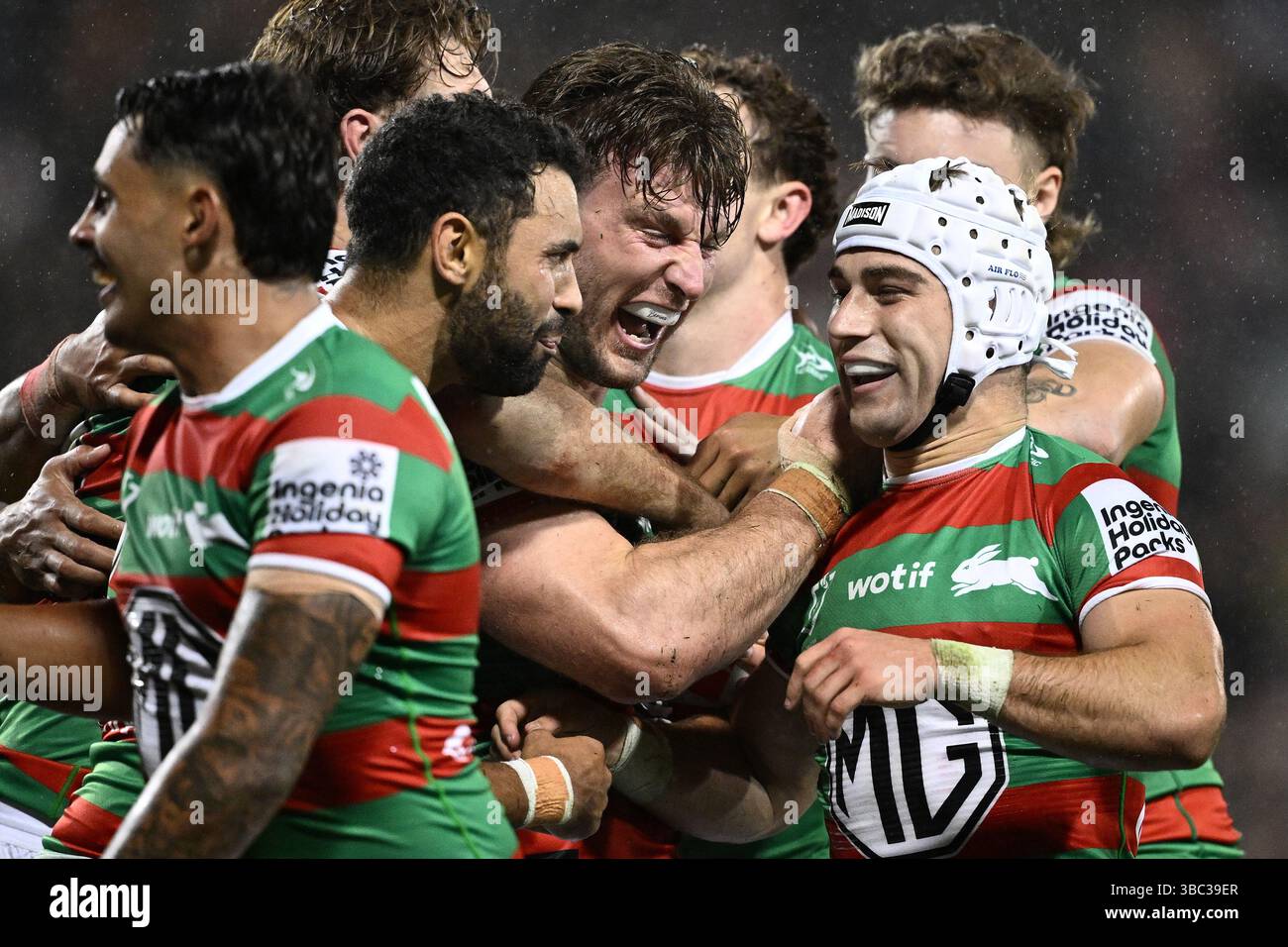 Sydney, Australia. 18th May, 2025. Jai Arrow of the Rabbitohs (centre ...