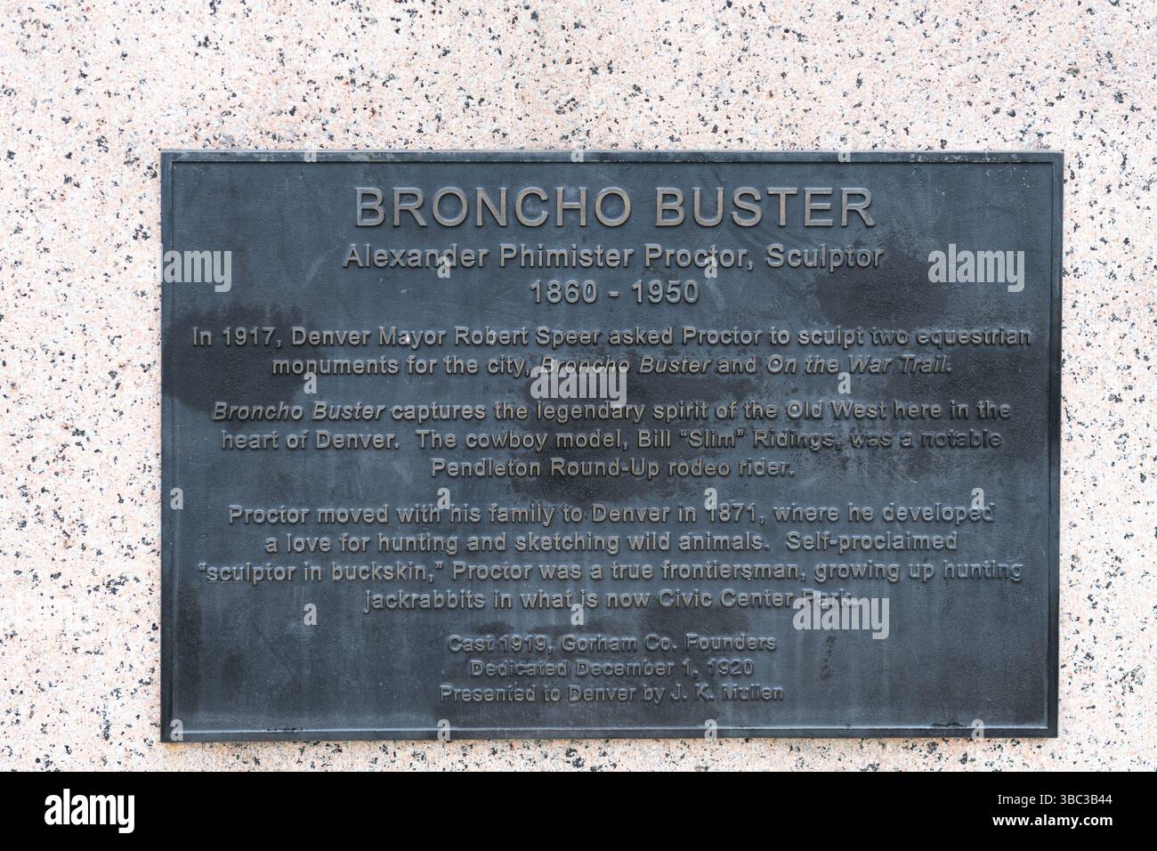 Bronco Buster statue plaque in Civic Center Park, Denver, Colorado, USA ...