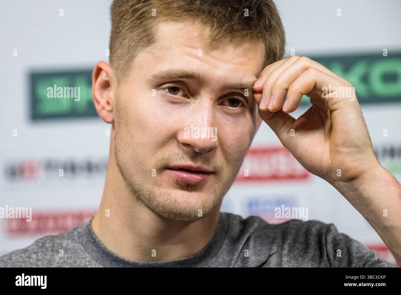 Herning, Denmark. 18th May, 2025. Czech forward Martin Necas speaks to ...