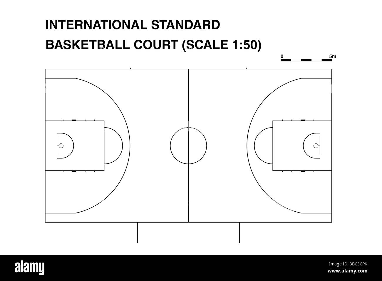 Top view of an international standard basketball court layout, showing ...