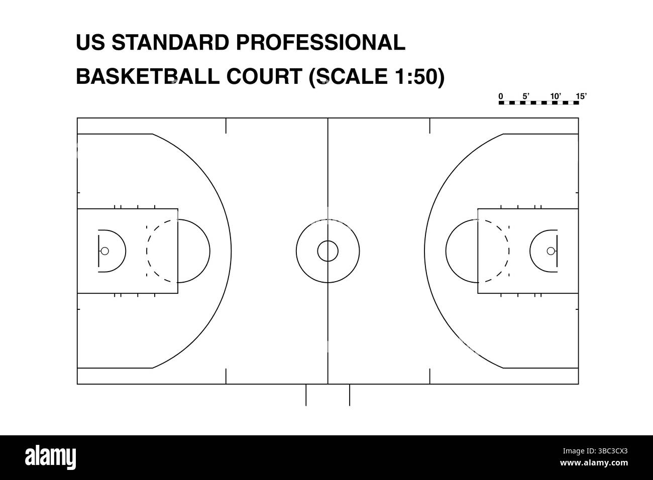 Top view of a US standard professional basketball court layout, showing ...