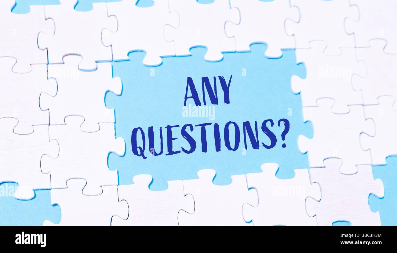Jigsaw puzzle with a blue background and white letters that say any ...