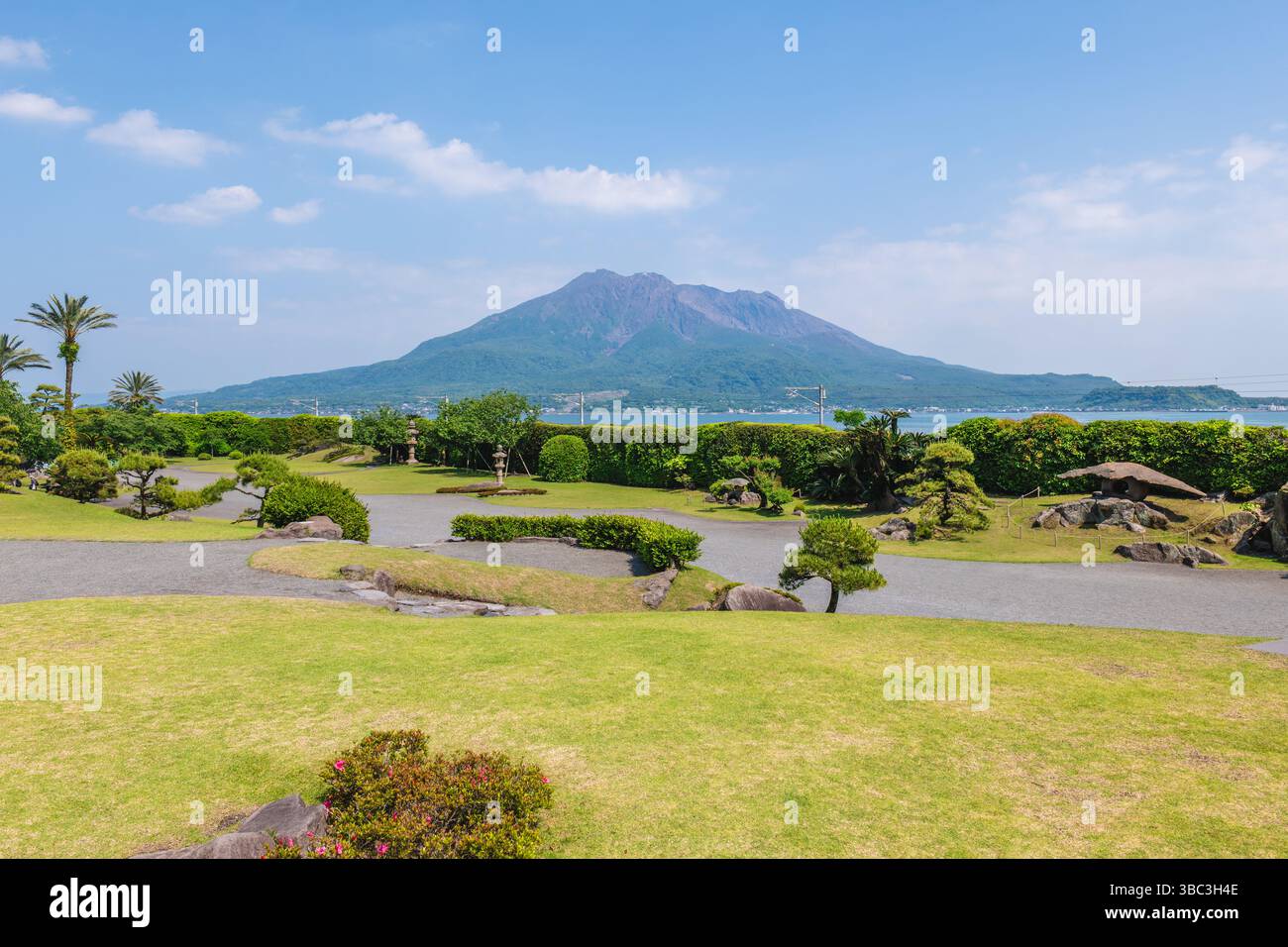 Scenery of Sengan en with Sakurajima as background, Kagoshima, Kyushu ...