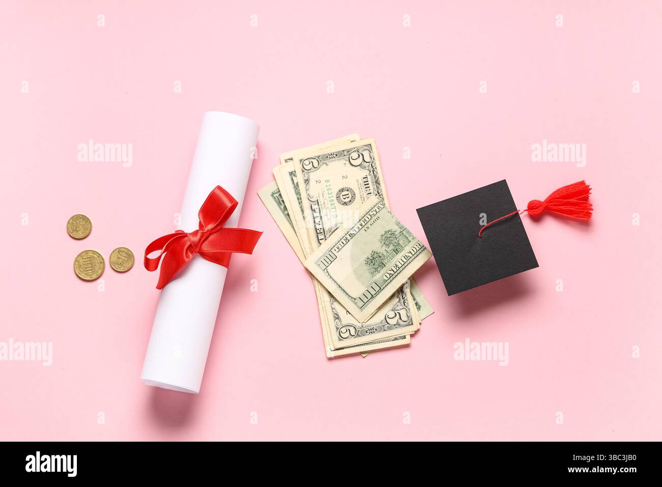 Graduation hat, diploma and money on pink background. Tuition fees ...
