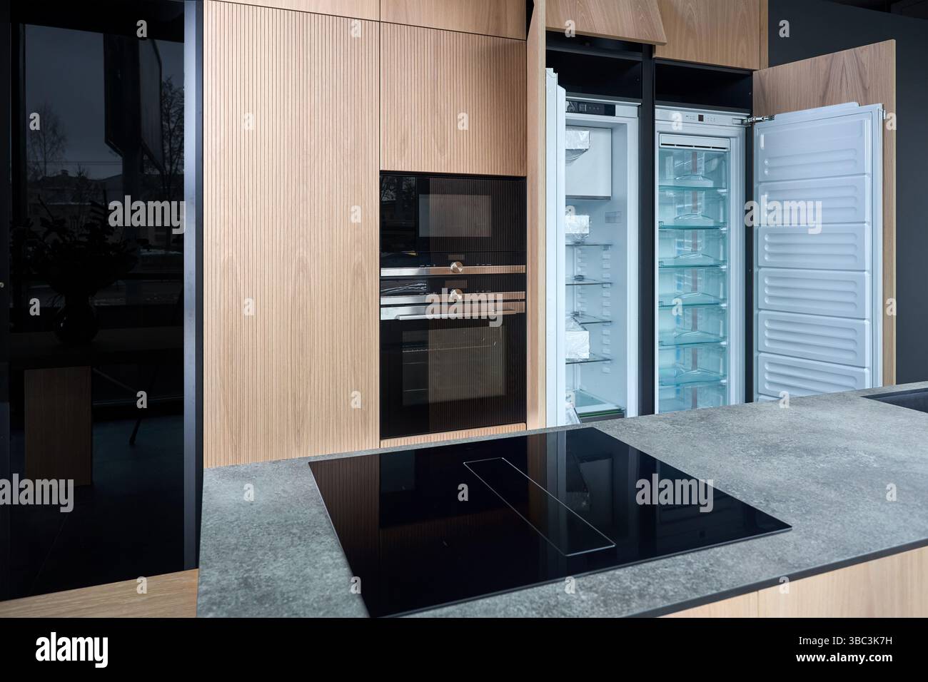 Contemporary fitted kitchen interior with minimalist flat design with ...