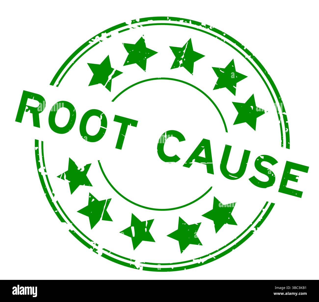 Grunge green root cause word with star icon round rubber seal stamp on ...