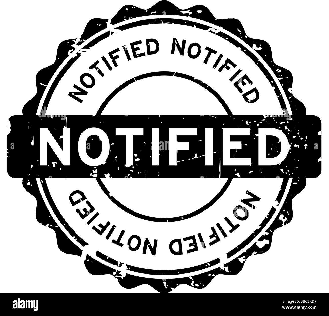 Grunge black notified word round rubber seal stamp on white background ...