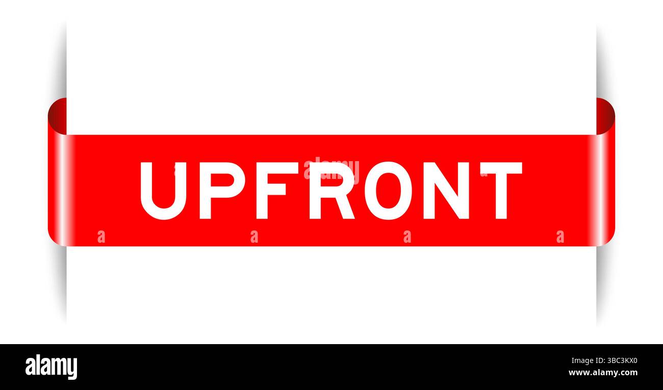 Red color inserted label banner with word upfront on white background ...