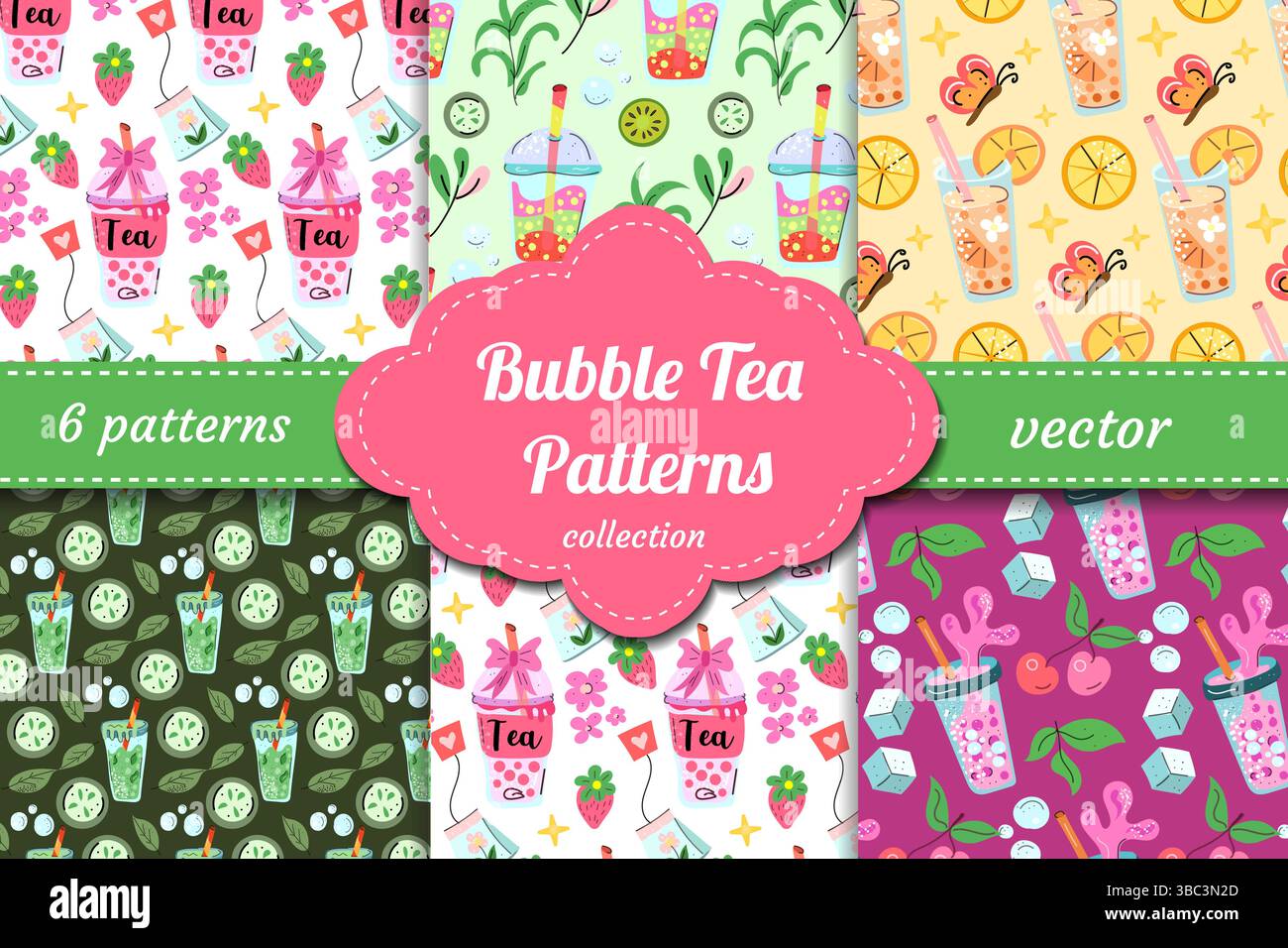 Cute and playful bubble tea vector patterns with tapioca pearls, drinks ...