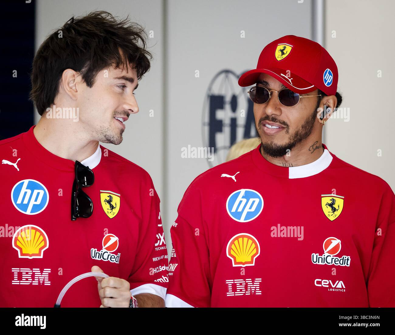 IMOLA - Charles Leclerc (Ferrari) and Lewis Hamilton (Ferrari) prior to ...