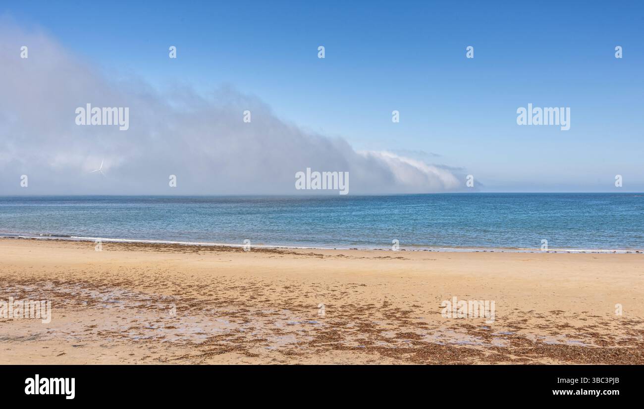 A sea mist stretches out to the horizon from a beach. The blades of a ...