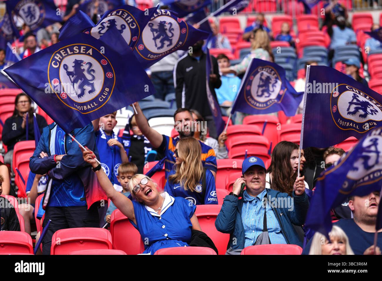 Chelsea fans wave large flags ahead of the Adobe Women's FA Cup Final ...