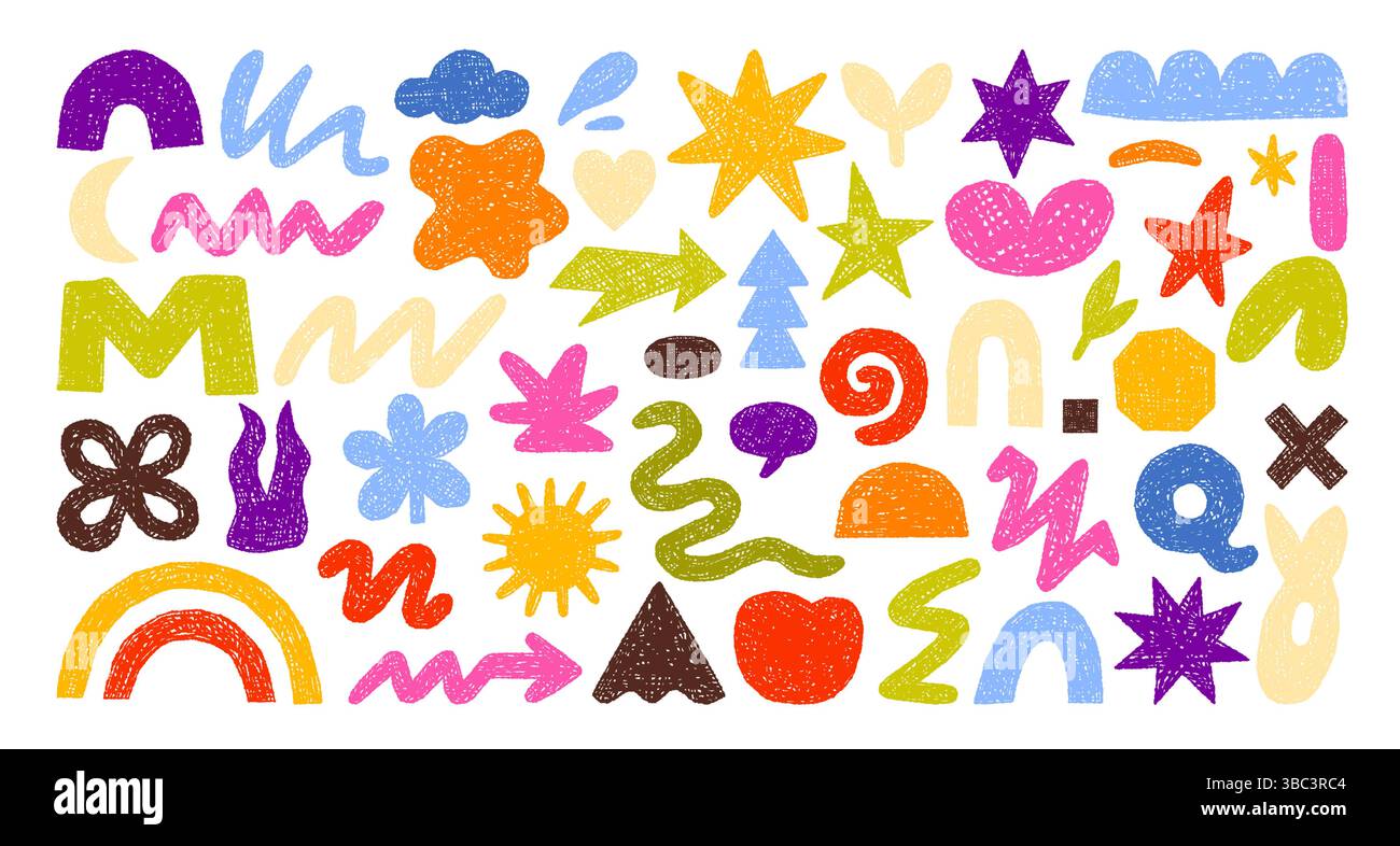 Colorful chalk drawn shapes, crayon or pencil childish sketch pack ...