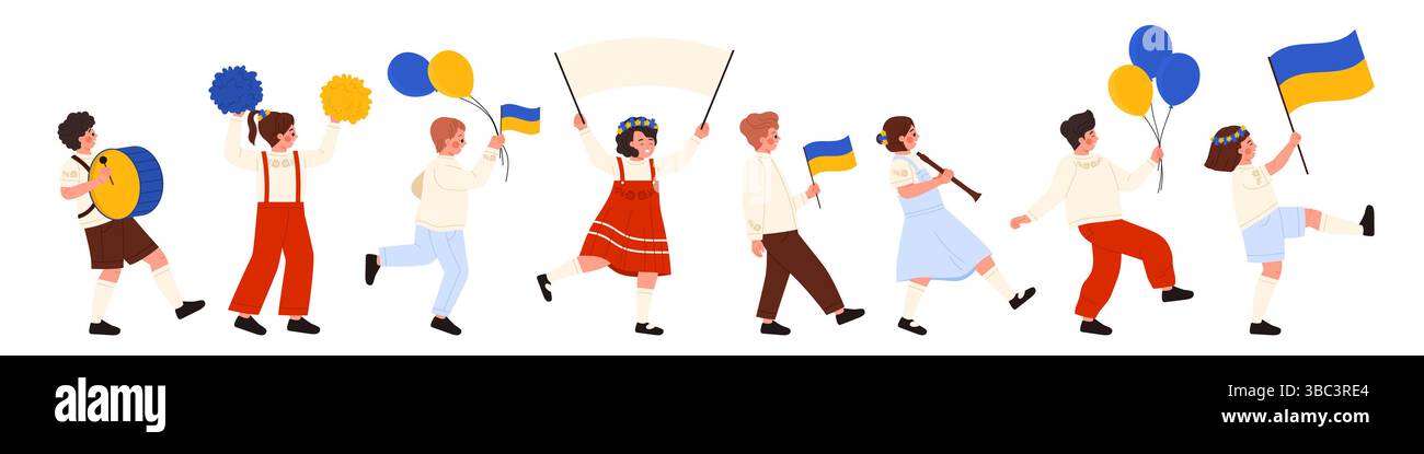 Happy children marching with Ukrainian flags, balloons, and traditional ...
