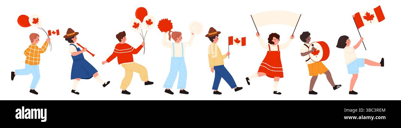 Children marching in a festive Canada Day parade holding flags ...