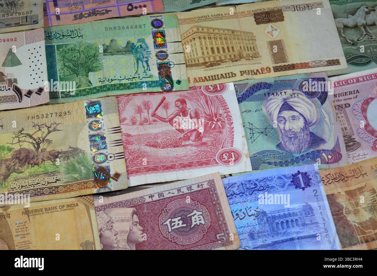Background of various banknotes from different countries like Iraqi ...