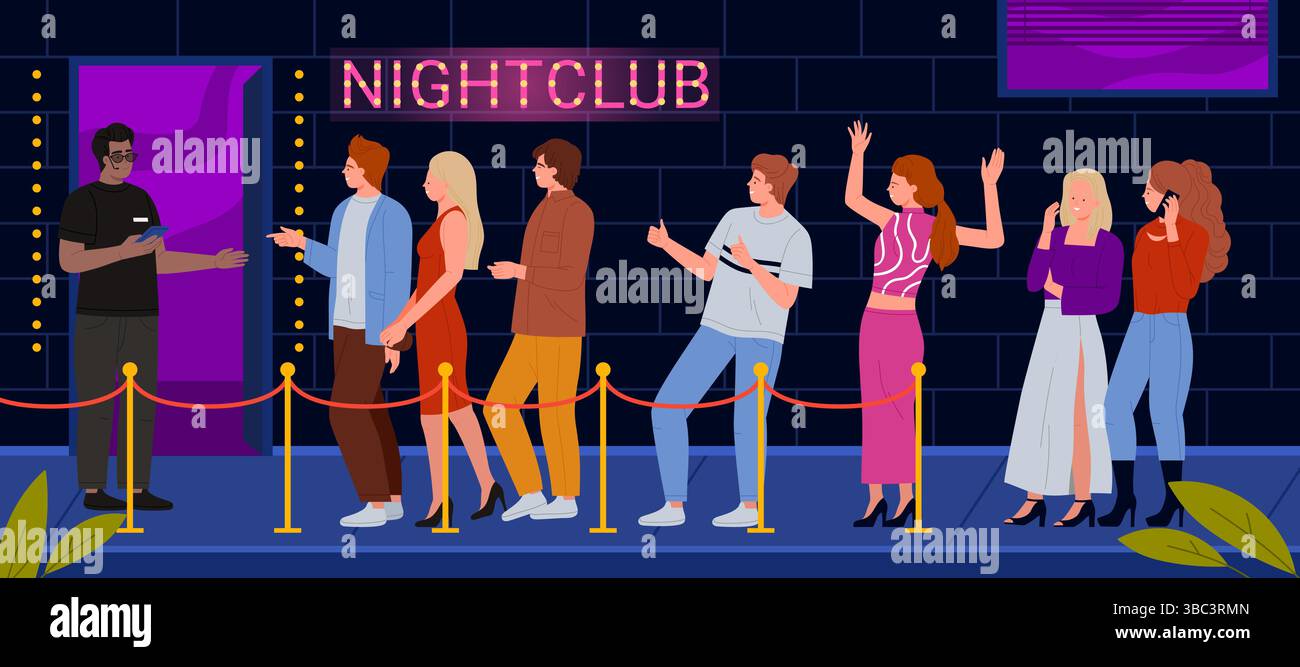 Queue of people guests at nightclub entrance, face control by security ...