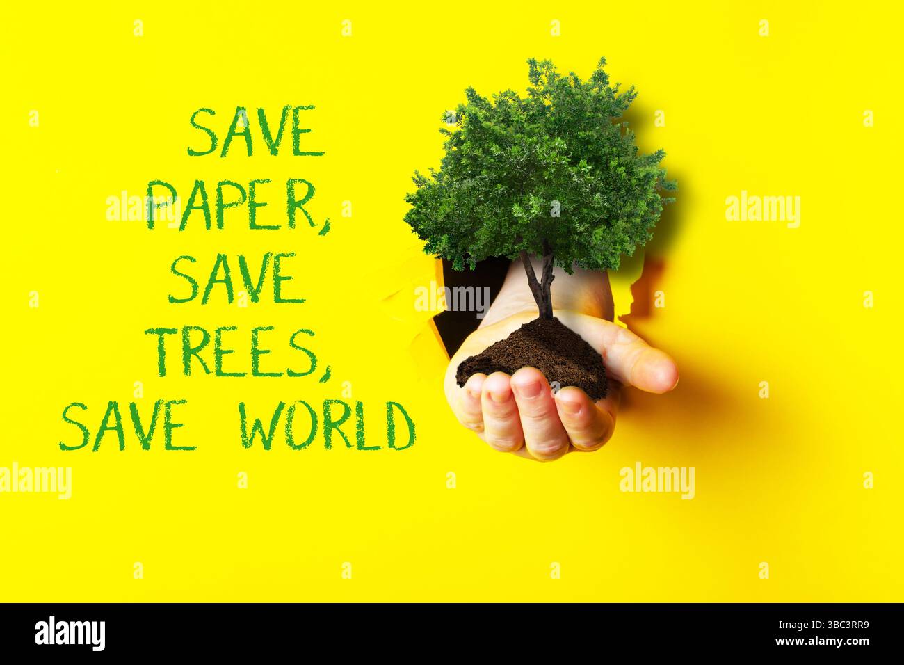 Hand holding a tree in front of a yellow background with the words save ...