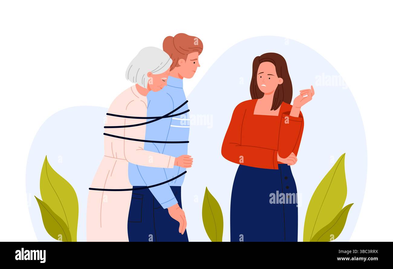 Depicts a parent and child bound together, highlighting codependency issues and relationship ...