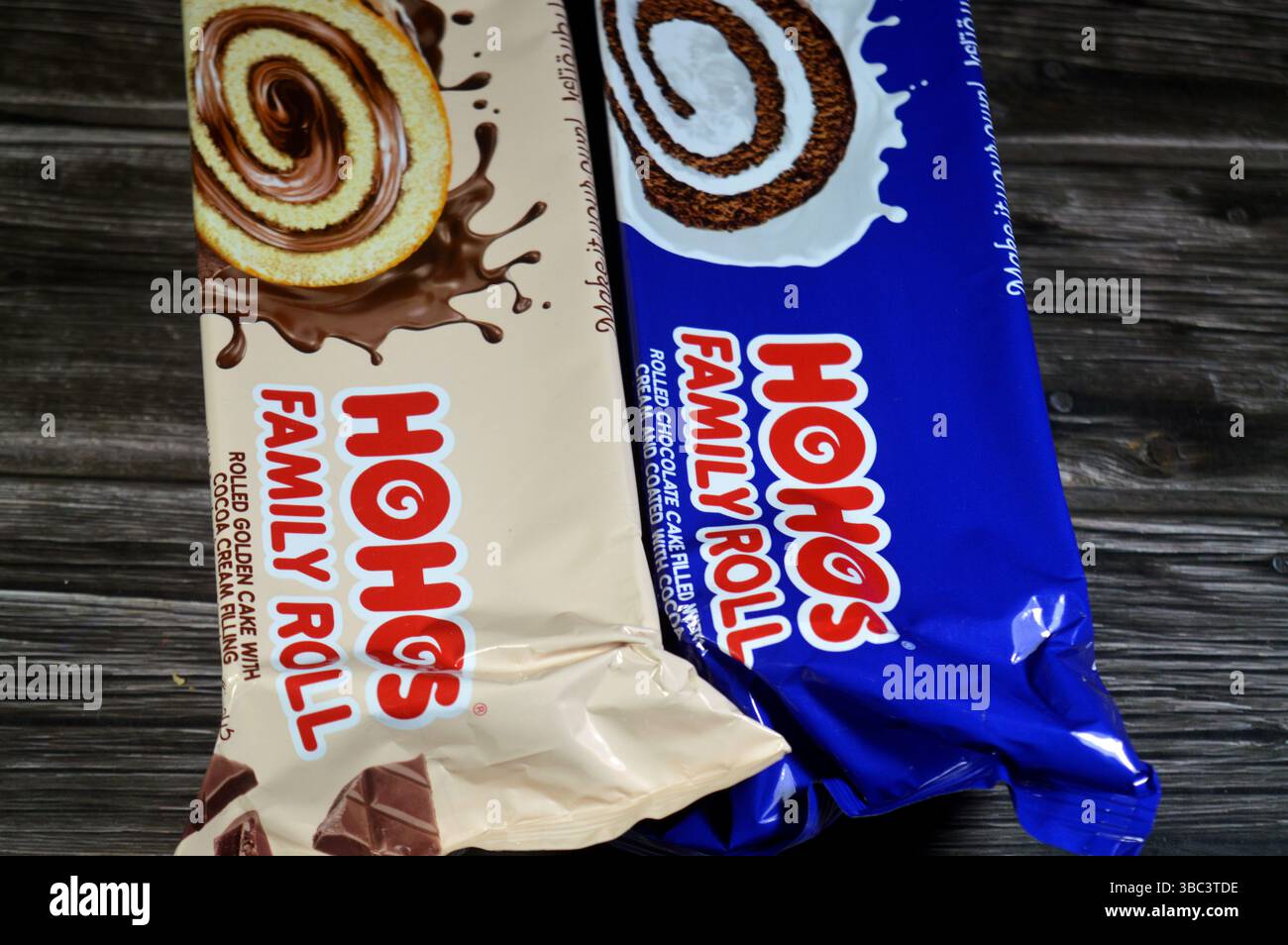 Cairo, Egypt, May 10 2025: HOHOS family rolls of rolled golden cake with cocoa cream filling ...