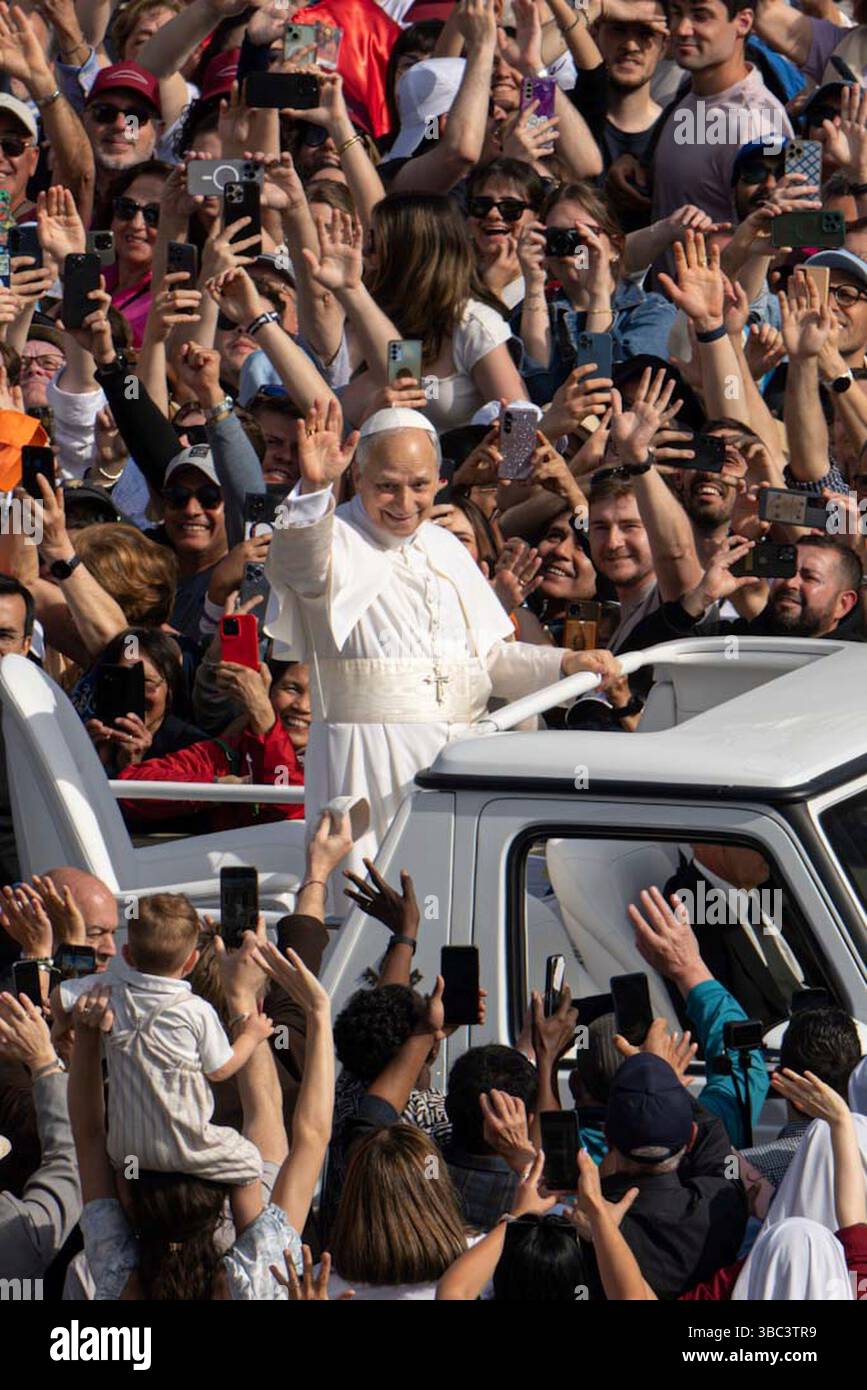 Pope Leo XIV on his popemobile tours St. Peter's Square at the Vatican ...