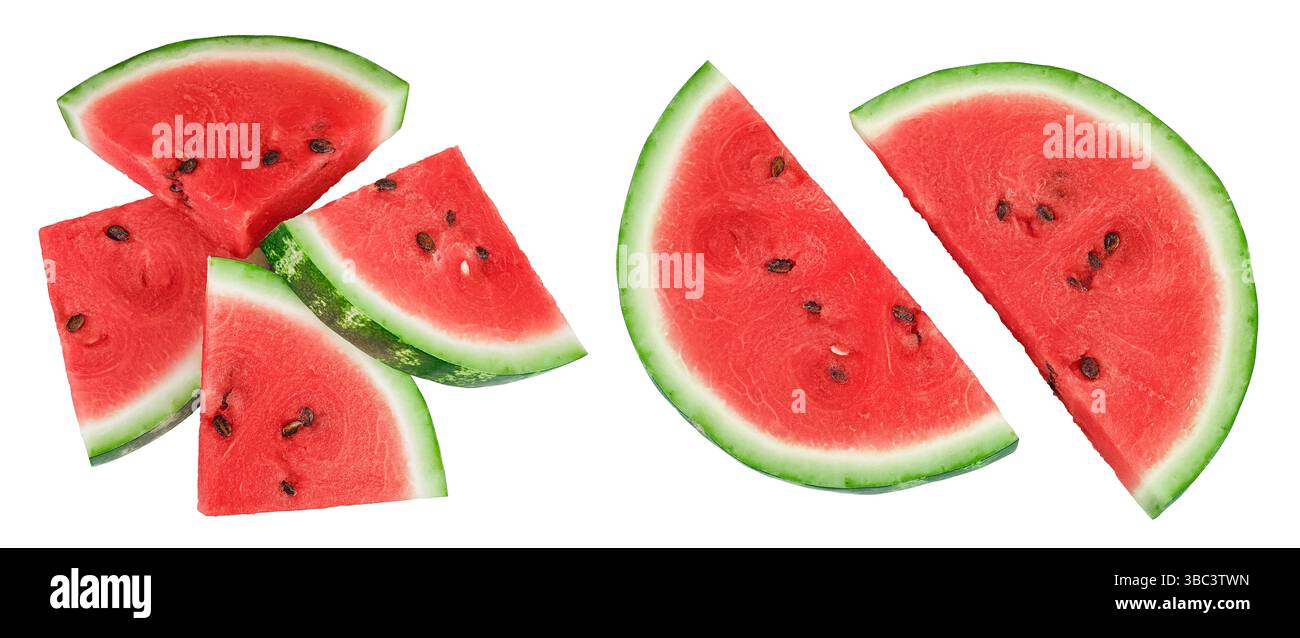 Top view of four ripe watermelon chunks isolated on a white background ...