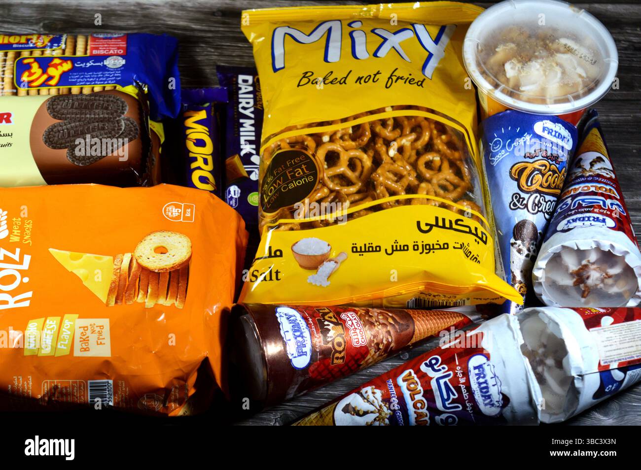 Cairo, Egypt, March 15 2025: snacks and sweets of bake rolz baked ...