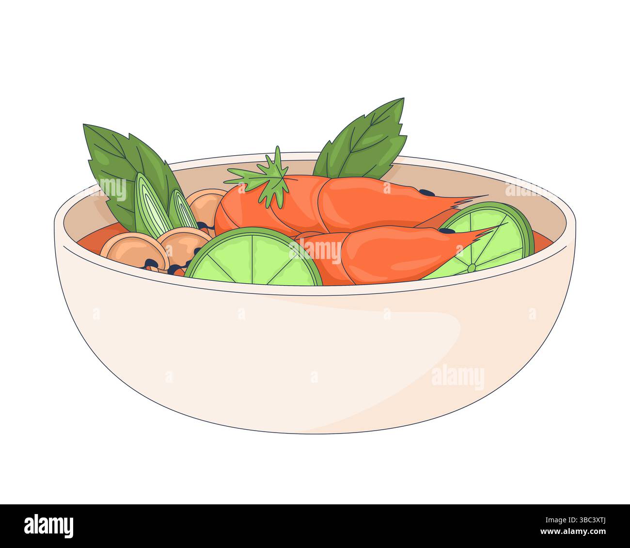Shrimp soup bowl with lime and herbs 2D cartoon object Stock Vector ...