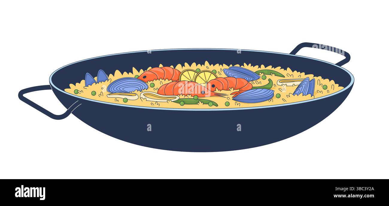 Traditional paella with seafood and peas 2D cartoon object Stock Vector ...