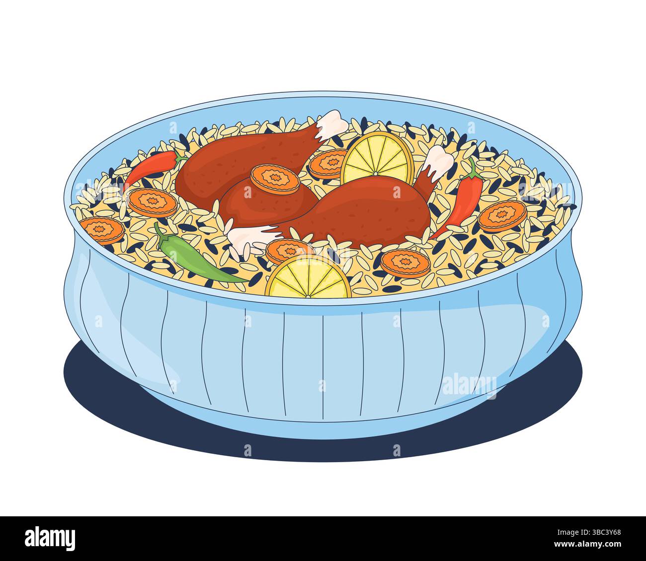 Chicken pulao biryani with lemon, carrot and peppers 2D cartoon object ...