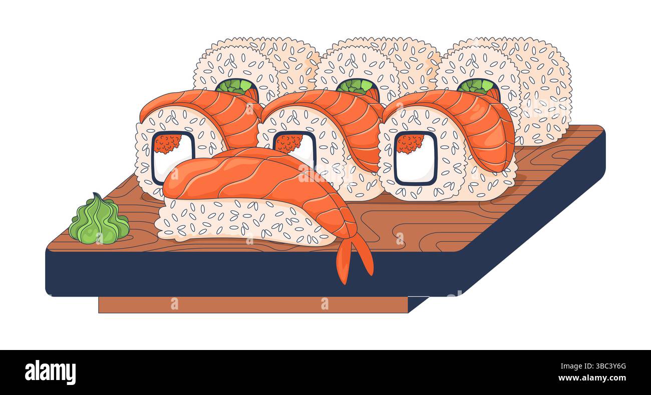 Mixed sushi platter on wooden tray 2D cartoon object Stock Vector Image ...