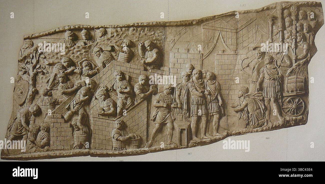 Relief panel from Trajan's Column in Rome, showing the building of a ...
