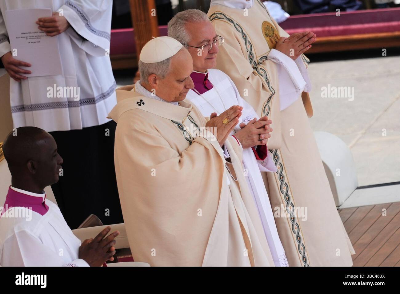 Pope Leo XIV looks at his fisherman's ring as the pontiff celebrates a ...