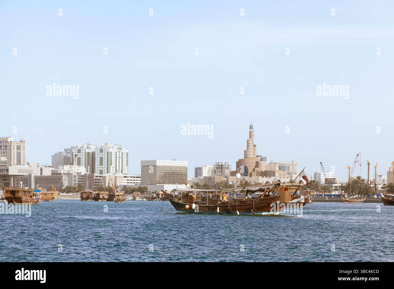 Old Wooden Boats (Dhows) With Qatari Flags In Doha Harbor - Doha, Qatar ...