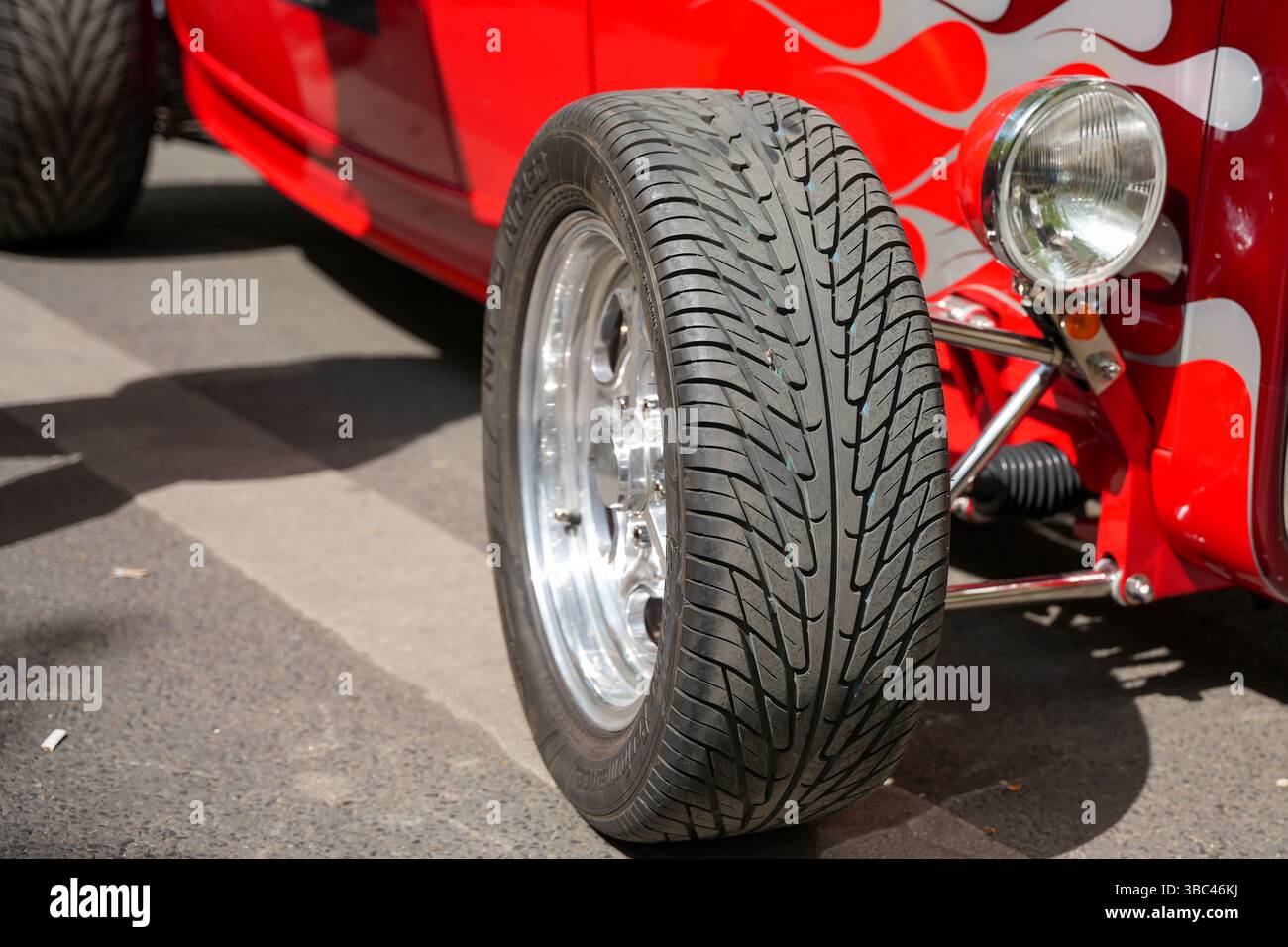 Germany Berlin May 11, 2025. Hot Rod Front Tire with Flame Paint. A ...