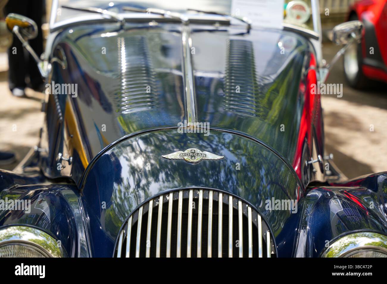 Germany Berlin May 11, 2025. Morgan 4/4 hood and emblem. The curved ...