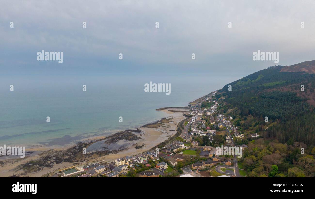 Aerial view of coast of Irish Sea and Mourne Mountains in Newcastle ...