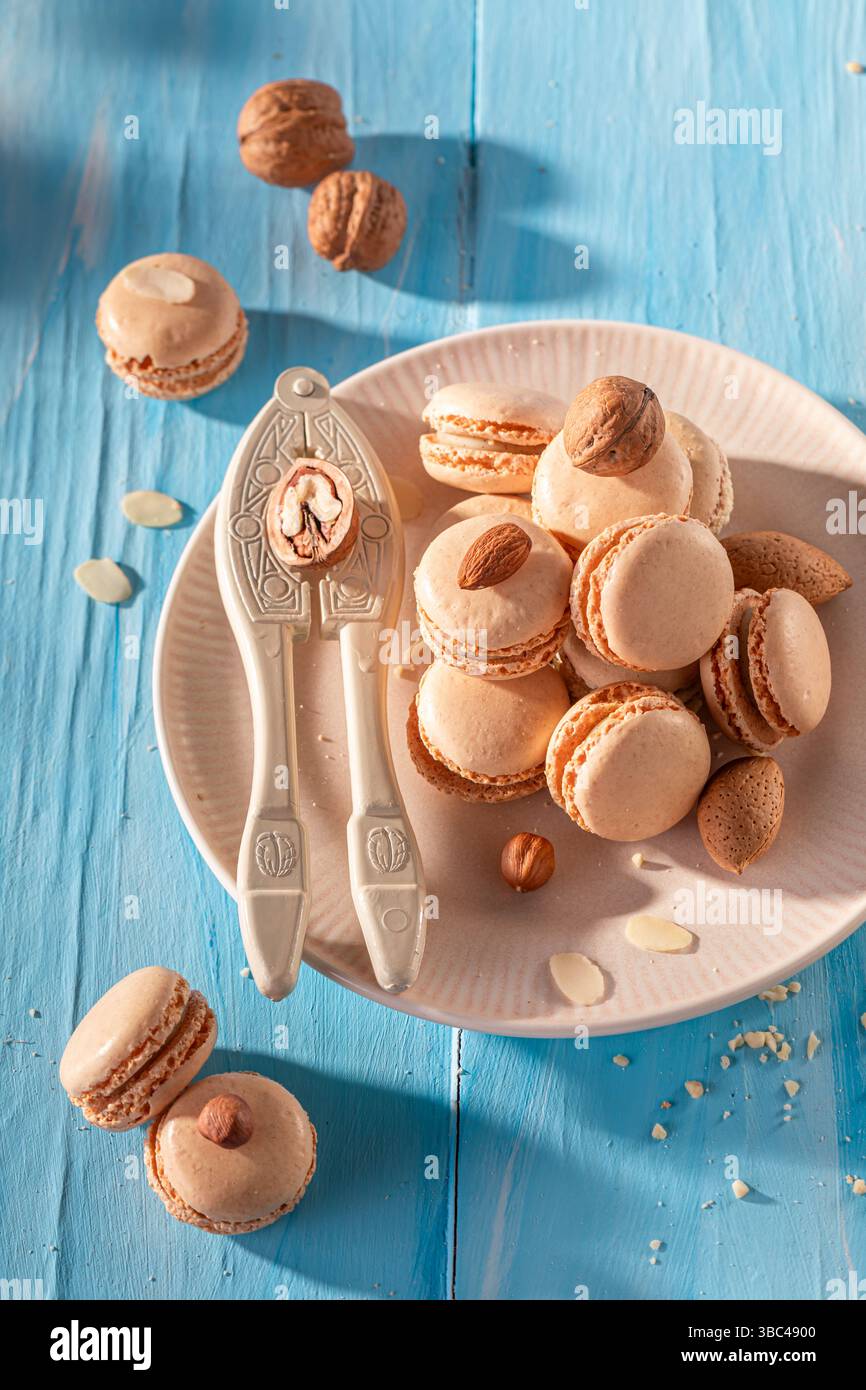 Delicious and sweet nut macarons made of hazelnut, walnut and almond ...