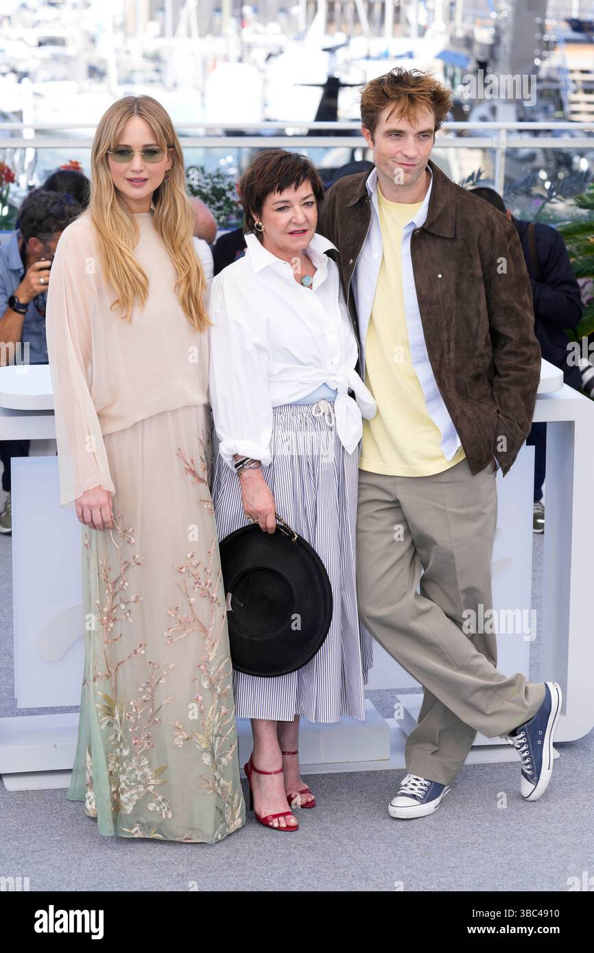 Cannes, France. 18th May, 2025. Jennifer Lawrence, Lynne Ramsay and Robert Pattinson during the ...